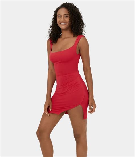 Womens Ruched Backless Tie Back Split Hem Bodycon Mini Casual Dress