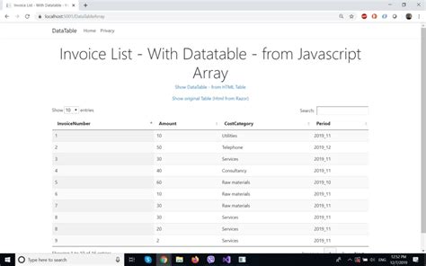 datatable js tutorial for core razor pages