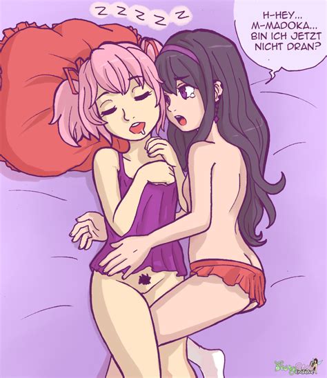 Rule 34 2girls Akemi Homura Bed Bedroom Black Hair Blush Blush Lines