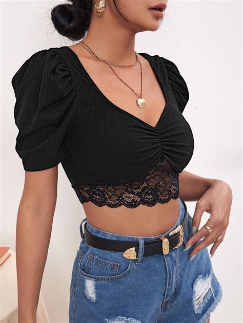 Sweetheart Neck Ruched Bust Contrast Lace Crop Tee Plaid Jacket Women