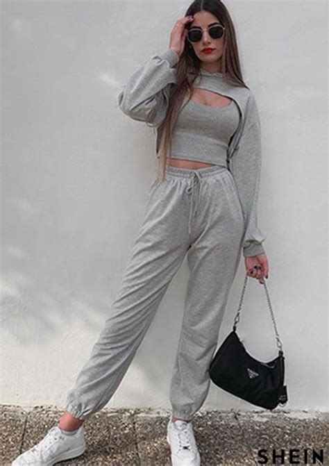 Shein Ezwear Super Crop Drawstring Hoodie With Tank And Joggers Set