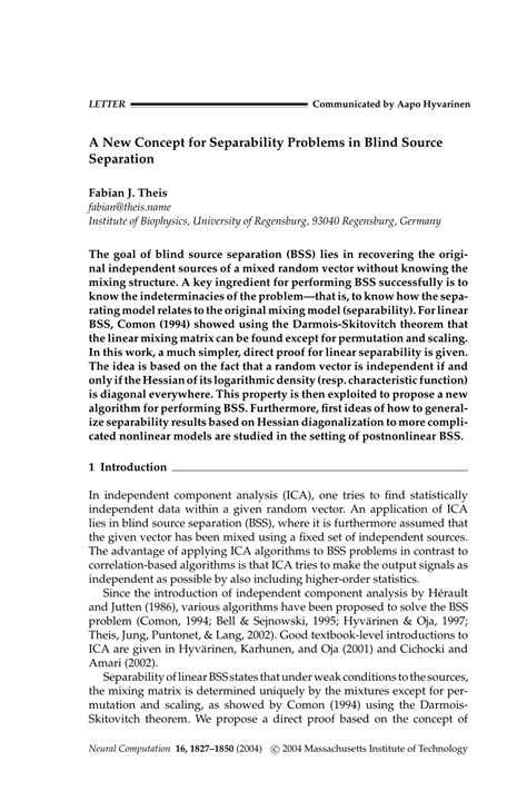 Pdf A New Concept For Separability Problems In Blind Source Separation