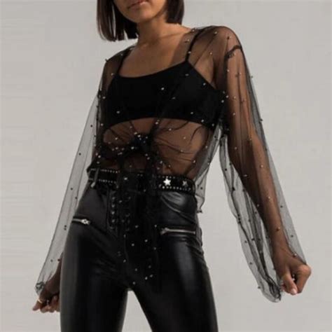 Fashion Pearl Beading T Shirt Women Sheer Mesh See Through Top Long