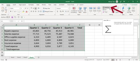 use excel s autosum button to add up rows and columns with just one