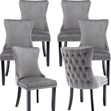 Oduse Daily Grey Velvet Dining Chairs 6pc Set Tufted Upholstery