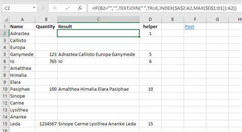 excel concatenate column a data into column c using column b data