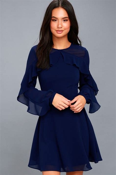 Longtime Love Navy Blue Long Sleeve Skater Dress Mod And Retro
