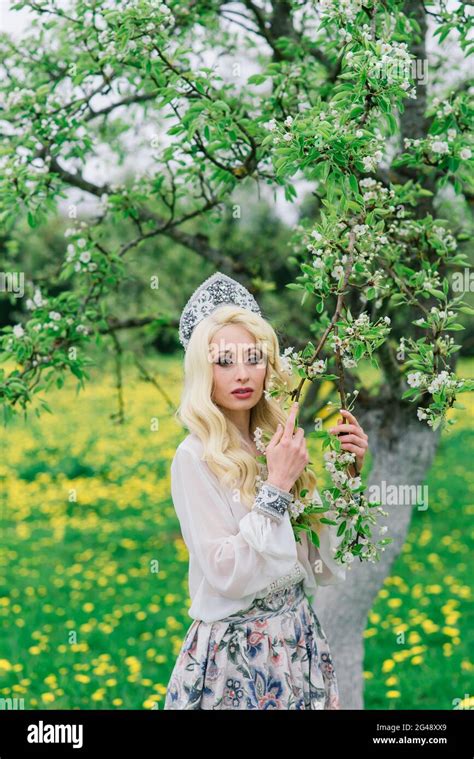 Stylish Russian Female In Traditional National Folk Dress Sundress And