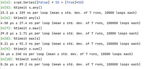 performance curiosity on pandas series `any` `max` `sum