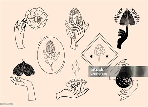 Set Ilustrasi Mistis Bendabenda Ajaib Tangan Penyihir Wanita Dengan