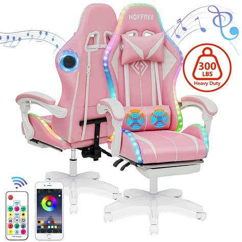 Hoffree Pink Gaming Chair With Bluetooth Speakers And Footrest Massage