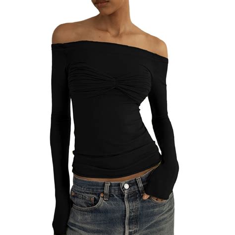 Women Off Shoulder Shirt Y2k Long Sleeve Slim Fit Top Tee Sexy