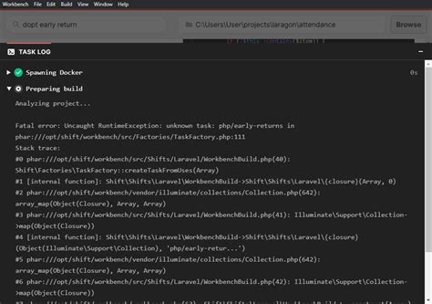 fatal error uncaught runtimeexception unknown task php early returns