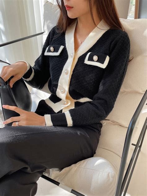 Dazy Contrast Trim Button Front Cardigan Shein Eur