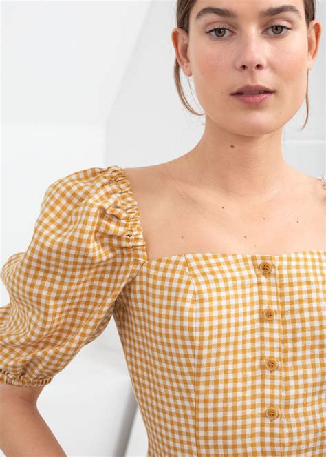 Linen Puff Sleeve Gingham Top Gingham Tops Fancy Blouse Designs Tops