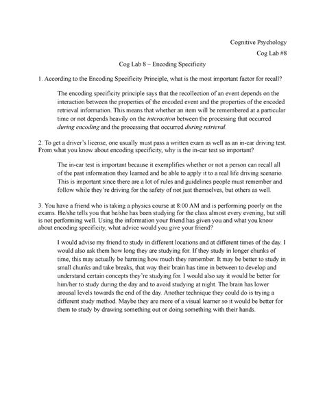 Cognitive Psychology Cog Lab 8 Encoding Specificity Cognitive
