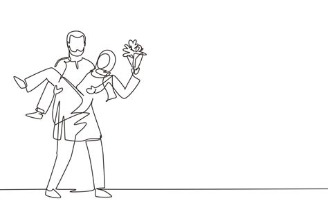 Single Continuous Line Drawing Arabian Man Holding A Woman And Making