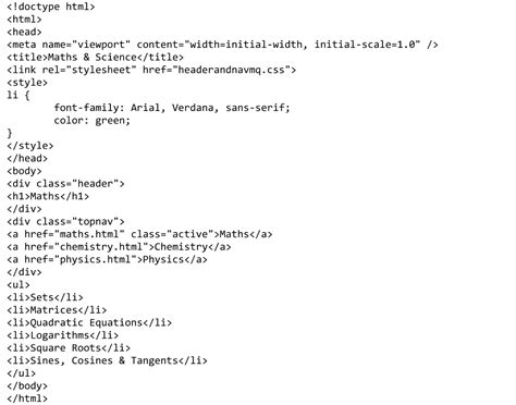html code for maths page attaching an external style sheet internal