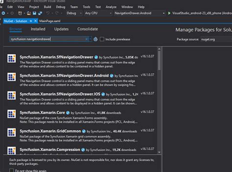navigation menu with syncfusion in xamarin forms