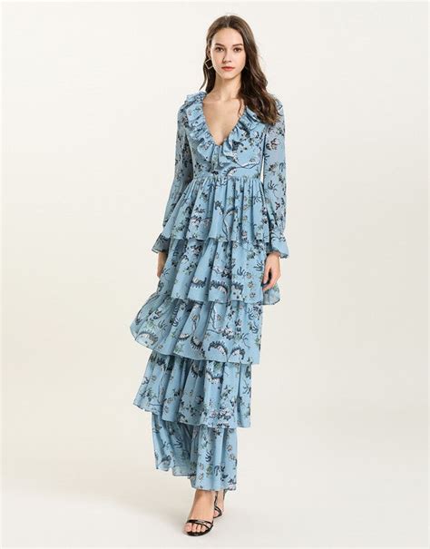 Blue Floral V Neck Long Sleeved Tiered Ruffle Maxi Dress Comino Couture
