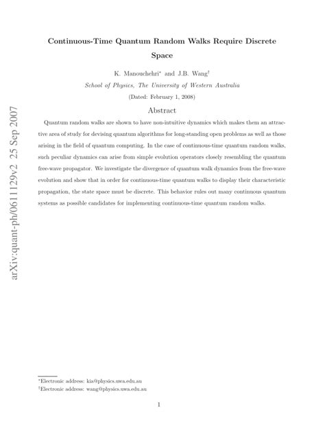 Pdf Continuous Time Quantum Random Walks Require Discrete Space