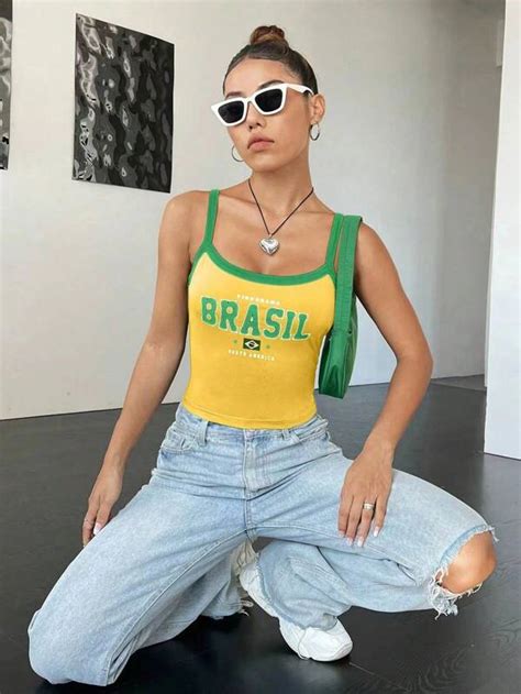 Shein Coolane Brazil Flag Print Sleeveless Tank Top With Sports Team