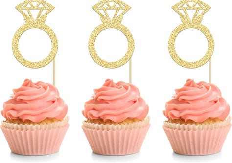 24 Count Bling Diamond Ring Glitter Cupcake Picks Toppers