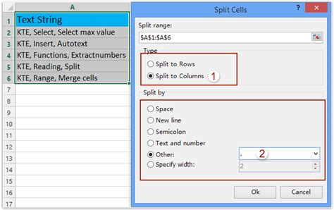 quickly split cell contents by space newline comma period or
