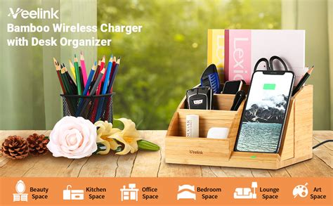 Veelink Qi Wireless Charger With Organizer Desk Bamboo Wooden Multi