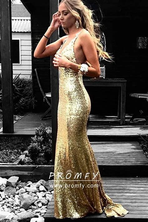 Backless Gold Sequin V Neck Mermaid Long Prom Dress Promfy