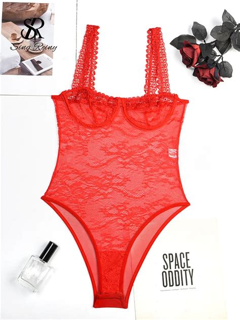 Singreiny Sheer Lace Sexy Underwear Playsuits Ladies Strap Floral