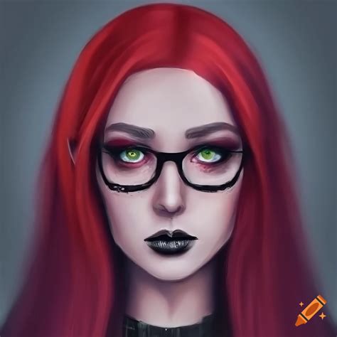 Portrait Of A Pale Goth Girl With Green Eyes Red Black Hair Dark