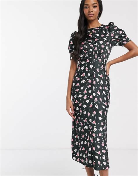 Asos Design Midi Tea Dress In Black Ditsy Floral Print Asos Tea Dress
