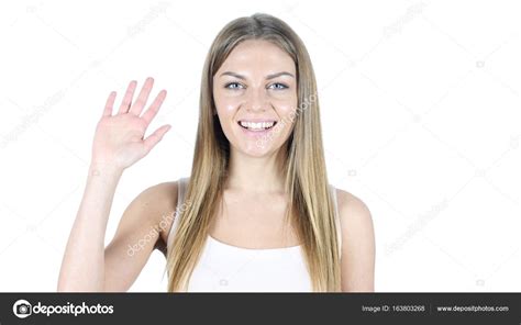 Hi Hello Woman Waving Hand White Background Royalty Free Photo