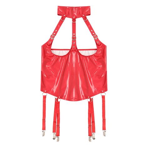 Womens Hollow Out Patent Leather Crop Top Metal Buckle O Ring Camisole