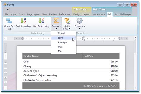 how to calculate a summary function winforms controls