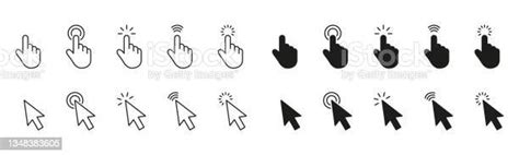 computer mouse click cursor set hand and arrow pointer pictogram on