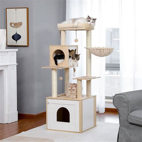 Modern Cat Tower With Wooden Litter Box Enclosure