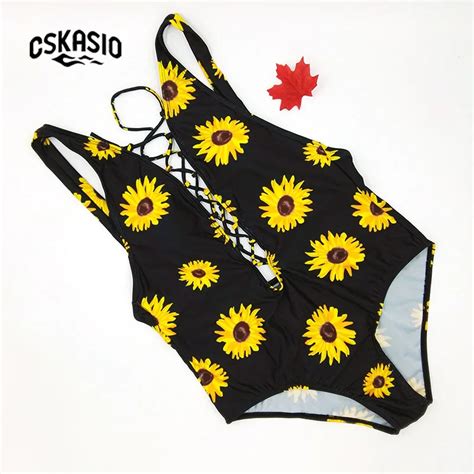 Sexy Sunflower Bandage One Piece Swimsuit Women Swimwear High Cut Out