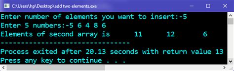 program in c to sum of each two elements of given array insert into
