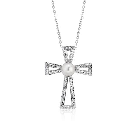 Freshwater Cultured Pearl And Diamond Cross Pendant In 14k White Gold