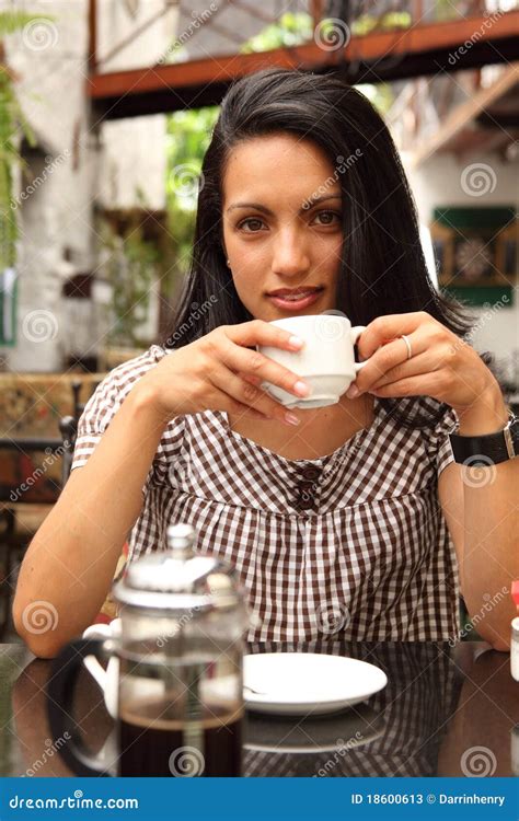 Beautiful Woman At Outdoor Cafe Drinking Coffee Stock Image Image Of