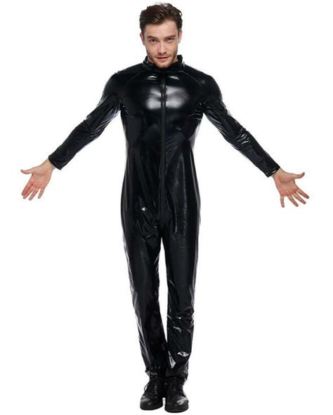 S Xxxl Men Black Sexy Pvc Latex Jumpsuit Fetish Open Crotch Zipper
