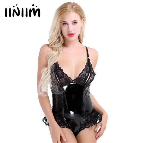 Black Women Bustier Lingerie Patent Leather Lace Patchwork Sleeveless