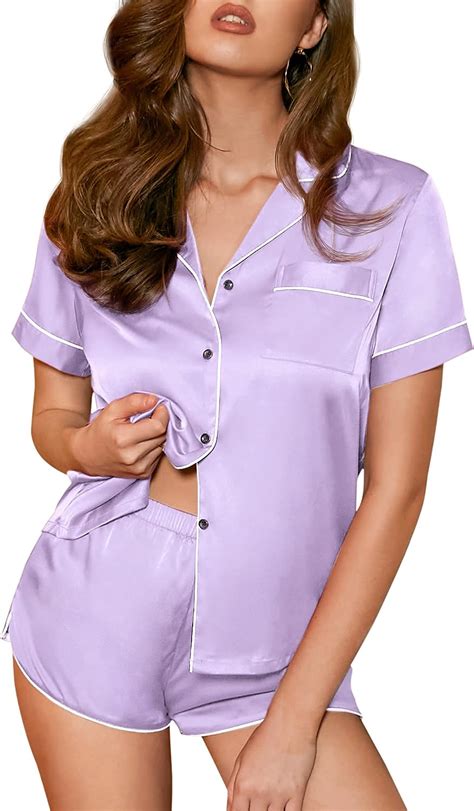 Ekouaer Womens Satin Silk Pajamas Set Short Sleeve Button Down Pj Set