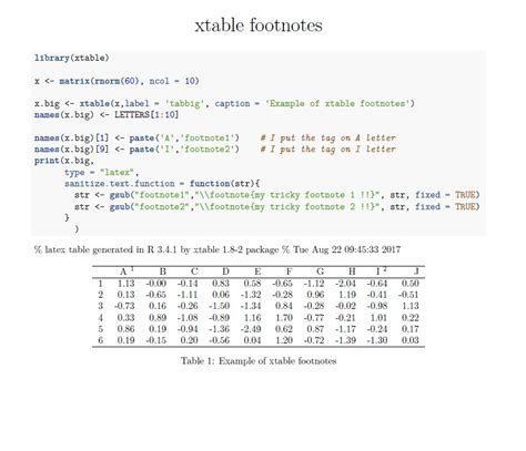 r show multiple footnotes in xtable stack overflow