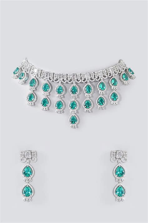 White Rhodium Finish Blue American Diamond Necklace Set Design By Auraa