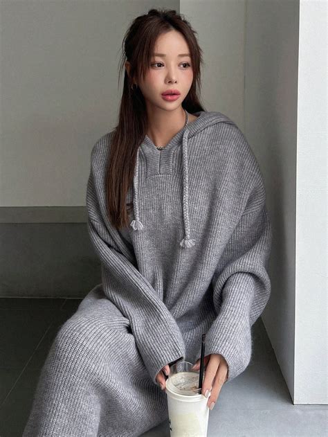 Dazy Drop Shoulder Drawstring Hooded Sweater Dress Shein Usa