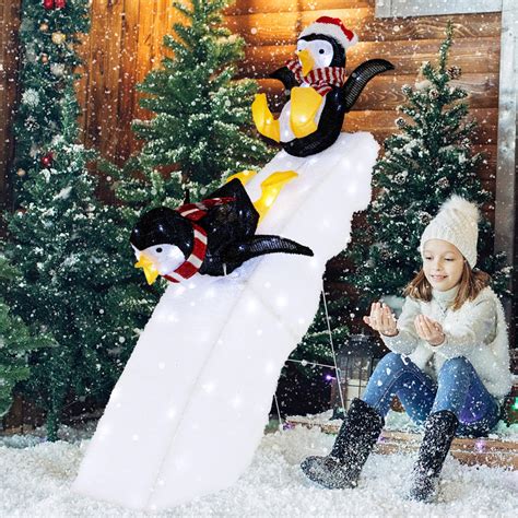Tangkula 4 Ft Lighted Christmas Penguin Slide Scene Decoration Tangkula