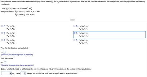 Solved Claim μ1≤μ2 α 0 10 Assume σ12 σ22 Sample